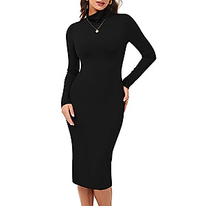Pink Queen Womens Turtleneck Long Sleeve Knee Length Bodycon Midi Dress L Black