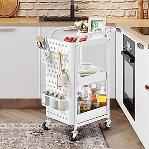 KINGRACK 3-Tier Rolling Cart, Metal Utility Cart with Pegboard, Utility Rolling Storage Carts with Wheels, Craft Storage Trolley with Handle for Kitchen Office Classroom, Classic White