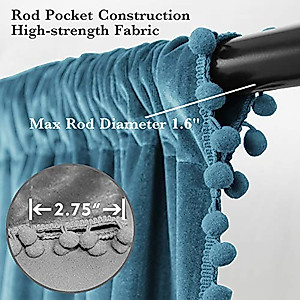 SNITIE Sky Blue 95in Long Pom Pom Velvet Curtains with Rod Pocket Thermal Insulated Soft Privacy Light Filtering Velvet Drapes for Bedroom and Living Room, 2 Panels (Sky Blue, 42 x 95 Inch Long)