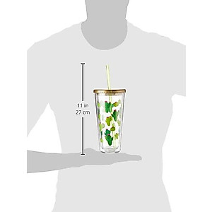 X&O Paper Goods Gold and Green Cactus Acrylic Double Wall Tumbler Cup with Lid and Straw, 20 oz., 4" W x 7.75" H