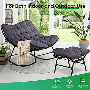 PORWEY Patio Rocking Papasan Chair, Outdoor & Indoor Egg Reading Recliner Chair, Oversized Royal Comfy Lounge Rocker with Large Cushion and Ottoman for Bedroom, Living Room, Porch, Gray