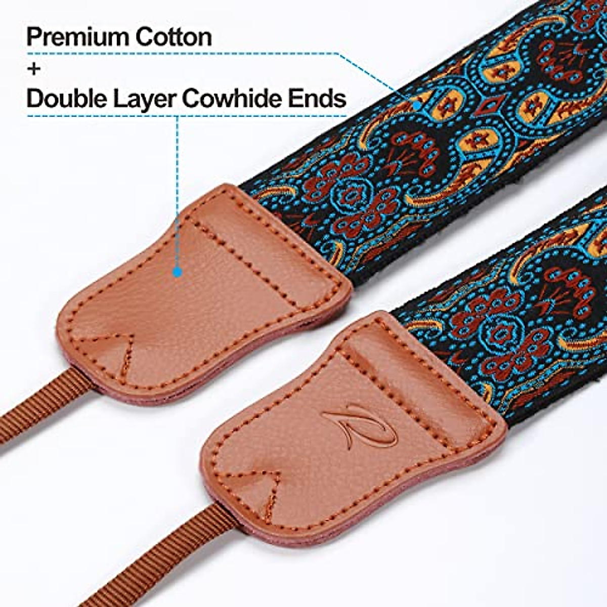 Mystic Blue Camera Strap - Double Layer Cowhide Ends,2" Pure Cotton Embroidered Woven Camera Strap,Universal Neck & Shoulder Strap Adjustable for All DSLR / SLR Cameras,Gift for Photographers