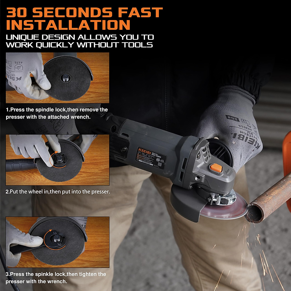 KSEIBI 711943K Angle Grinder Tool - 4 1/2 inch, 950W, 8Amps, 11000RPM, Corded Power Tools Long Handle with 7/8" Arbor Grinding and Cutting Wheels, Flap Disc, Quick Adjustable Guard, and Storage Bag