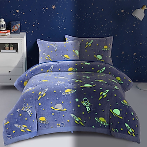 HOMBYS Glow in The Dark Comforter Set 5 Piece Twin/Twin XL with Sheets, Blue Space Astronauts Velvet Bedding Comforter Sets, Ultra Soft Down Alternative Comforter for Boys Kids, Bed in a Bag