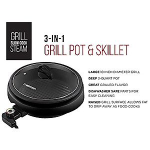 Chefman 3-In-1 Electric Indoor Grill Pot & Skillet, Slow Cook, Steam, Simmer, Stir Fry, 10-Inch Nonstick Raised Line Griddle Pan, Temperature Control, Tempered Glass Lid, 3-Quart, Black-Round