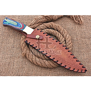 HUNTEX Handmade Hand-Forged Rain Drop Pattern Damascus Steel 14 Inch Long Full Tang Pakka Wood Handle Razor Sharp Hunting Camping Bowie Knife w/Genuine Leather Sheath