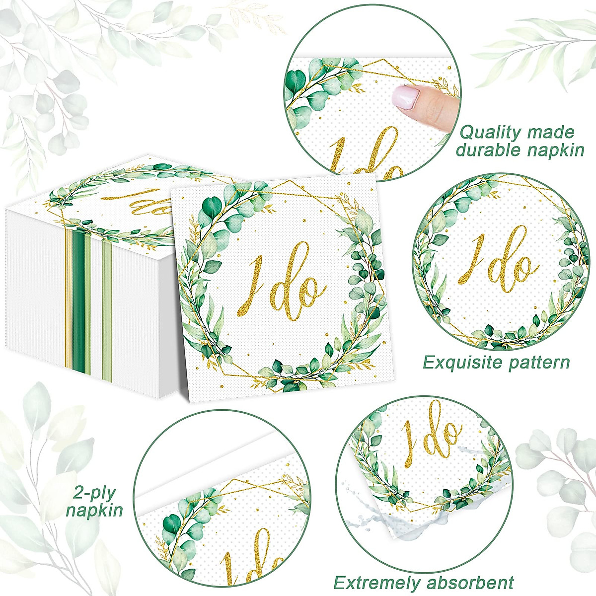100PCS Sage Green Napkins for Bridal Shower Eucalyptus I Do Wedding Napkins Green Gold Foil Decorative Papers for Bridal Shower Engagement Party Dessert Beverage Table Party Supplies