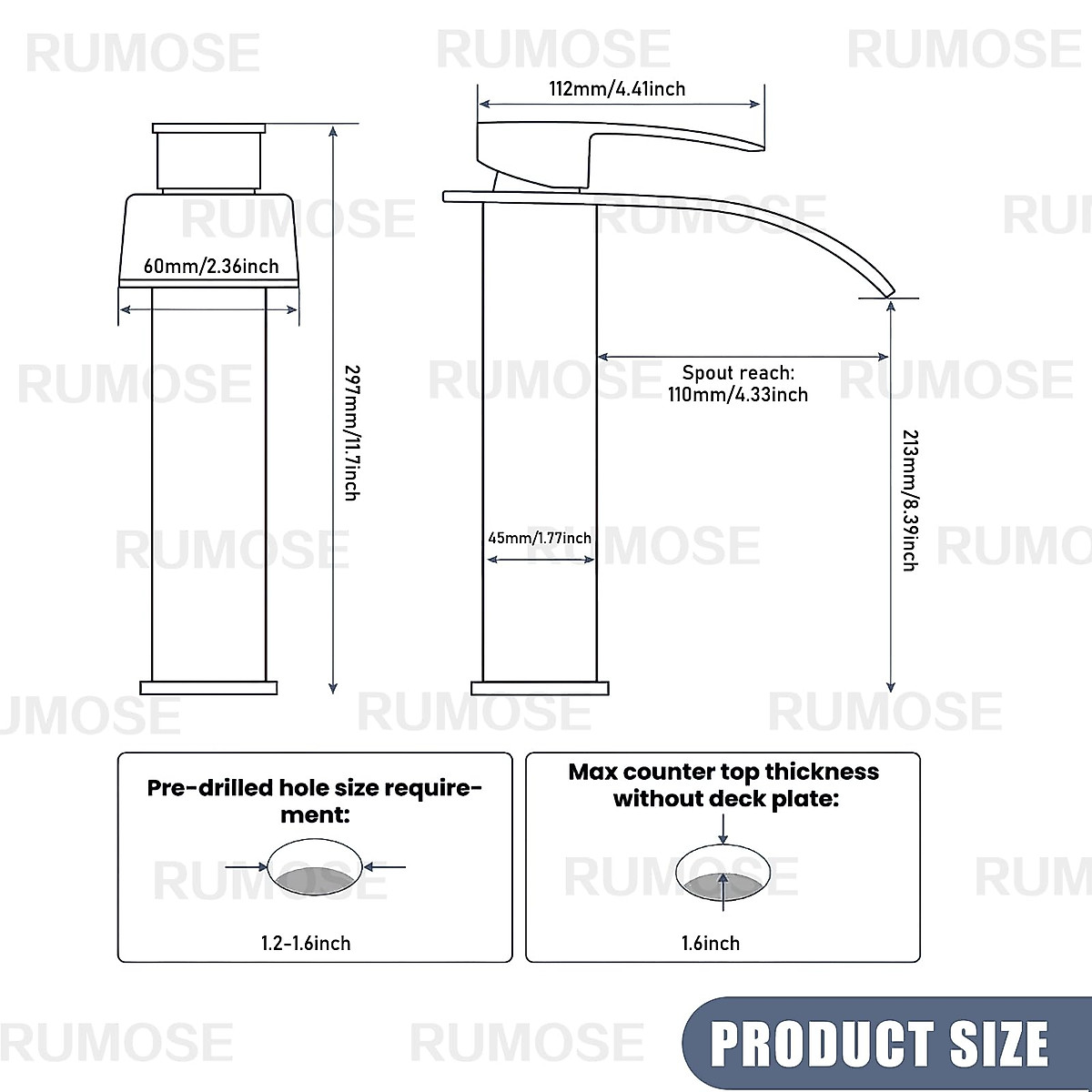 RUMOSE Tall Matte Black Bathroom Faucet Modern Single Handle 1 Hole Bathroom Vessel Sink Faucet Waterfall Spout Rv Lavatory Vanity Basin Faucet Deck Mount Mixer Tap, Stainless Steel