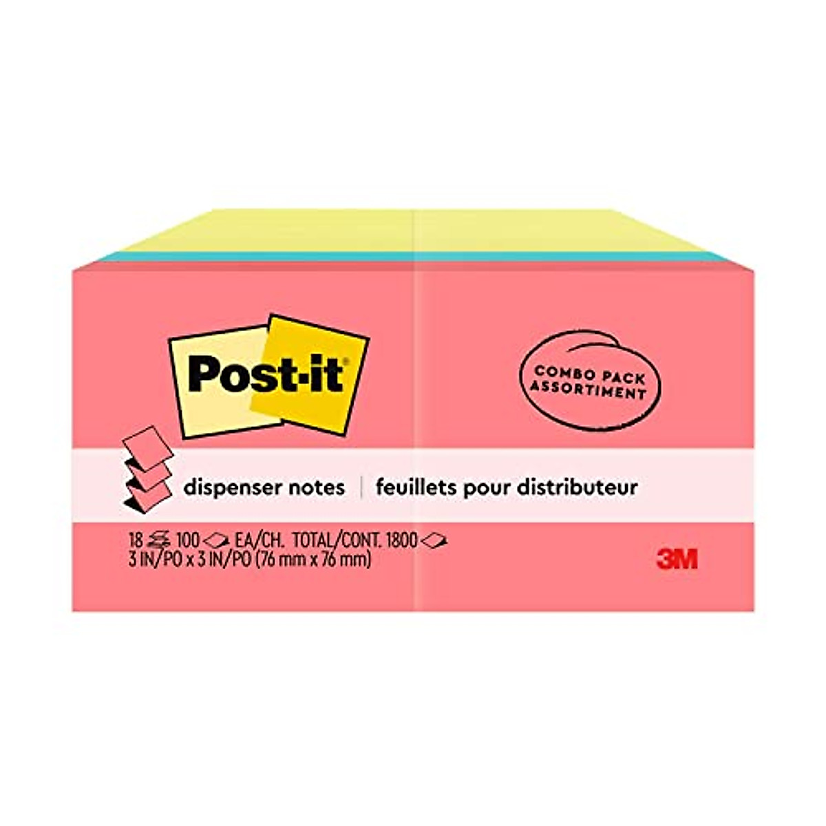 Post-it Dispenser Pop-up Notes, 3x3 in, 18 Pads, Assorted Colors, Clean Removal, Recyclable