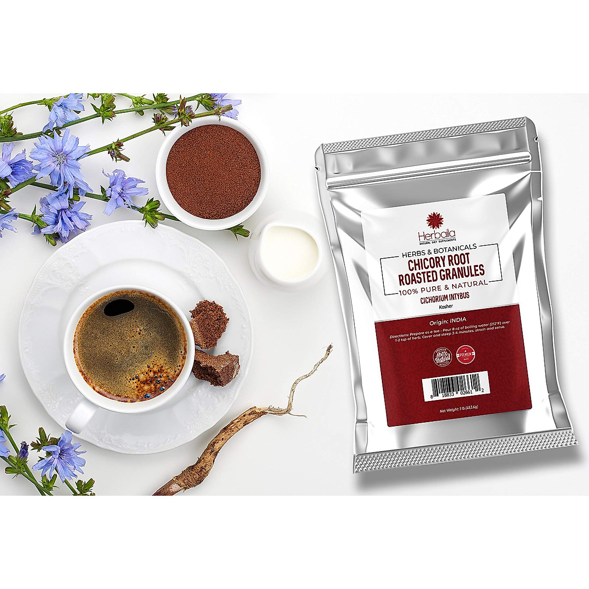 Chicory Root Roasted Granules, 1 Pound, Chicory Coffee (Inulin, Prebiotic Dietary Fiber) Rich Flavor, Caffeine Free, Natural Tea and Coffee Substitute, Keto, Kosher
