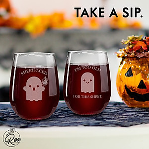 On The Rox Drinks Halloween Wine Glass Gifts for Women - I'm Too Old For This Sheet Sheet Faced 2PC Wine Glass Set - Halloween Cups, Halloween Tumbler, Drinking Glassware - Spooky Ghost Gifts