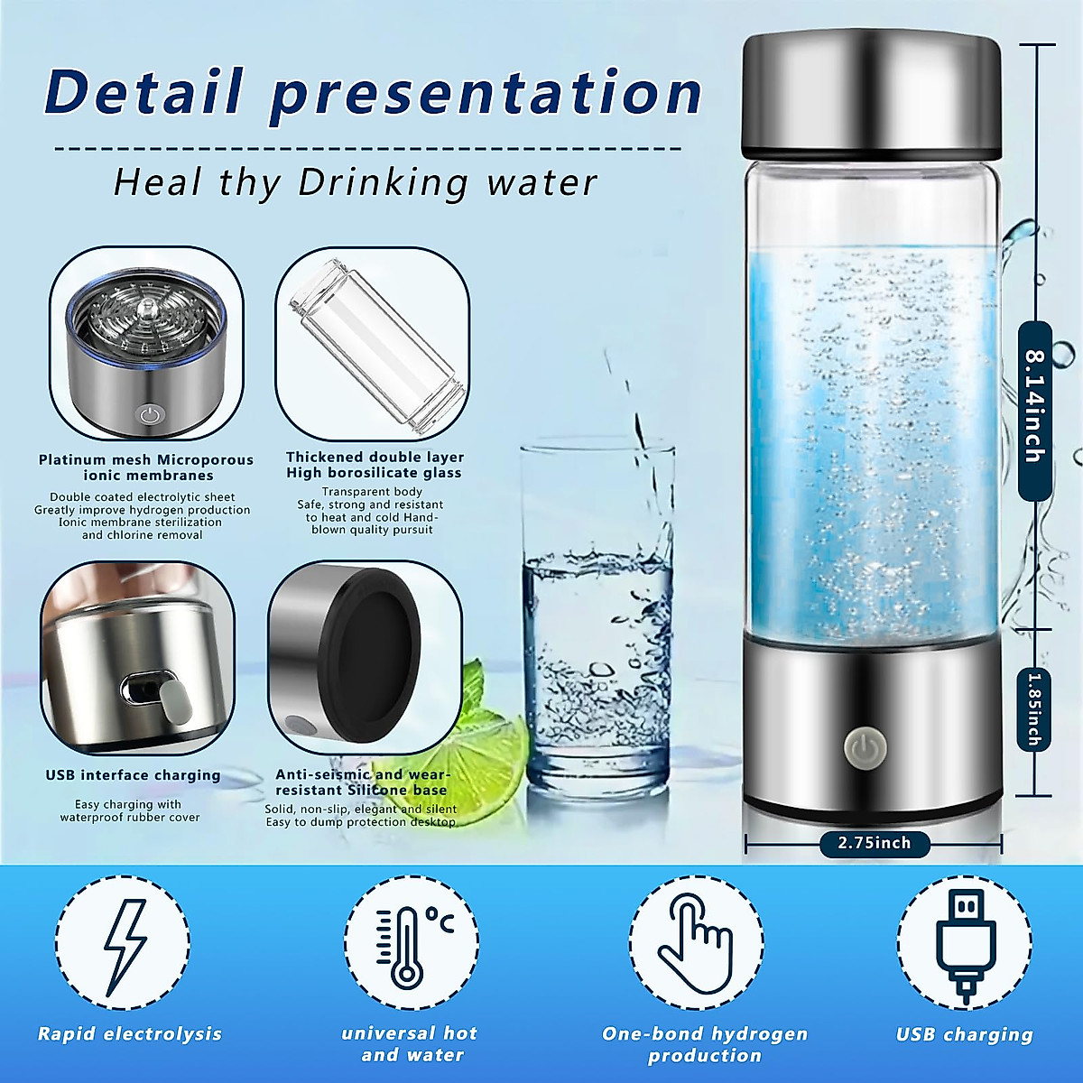 Hydrogen Water Bottle Generator (420ml 3-Minute) Quick Electrolysis, SPE/PEM Technology, Portable USB Charging Ideal for Home, Travel, Exercise, and Gifting (Silver)