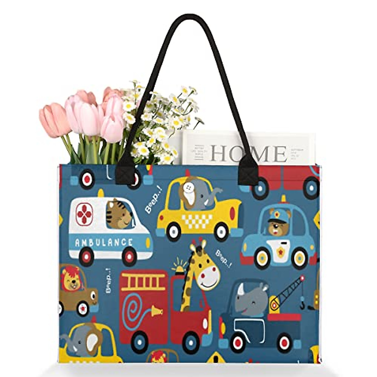 cfpolar Animal Car Reusable Grocery Shopping Bag with Hard Bottom, Large Foldable Multipurpose Heavy Duty Tote with Zipper Pockets, Stands Upright, Durable and Eco Friendly, Beach Bag