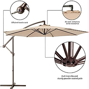 AMERICAN PHOENIX 10FT Offset Hanging Patio Umbrella Cantilever Outdoor Umbrellas with Crank & Cross Base for Garden, Backyard, Pool and Beach (Beige)