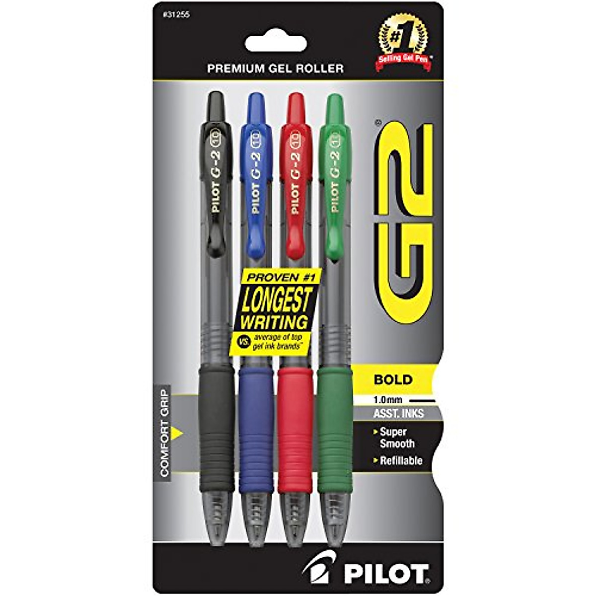 PILOT G2 Premium Refillable & Retractable Rolling Ball Gel Pens, Bold Point, Assorted Color Inks, 4-Pack (31255)