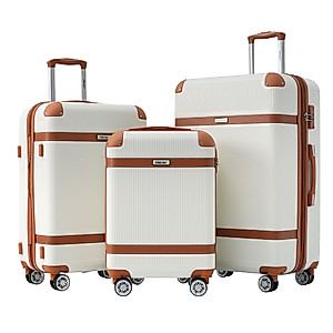 Merax Hardside Rugged Travel Suitcase Luggage with 8 Spinner Wheels, Collision-Protection Angle, 3-Piece Set, TSA Lock, Expandable, Carry-On Luggage (20/24/28,White)