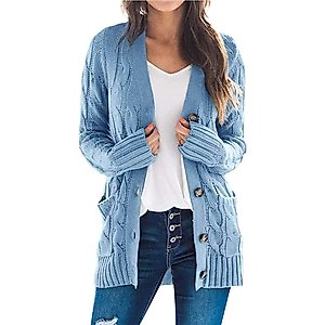 PRETTYGARDEN Women's Open Front Cardigan Sweaters Fashion Button Down Cable Knit Chunky Outwear Coats (Blue,Small)