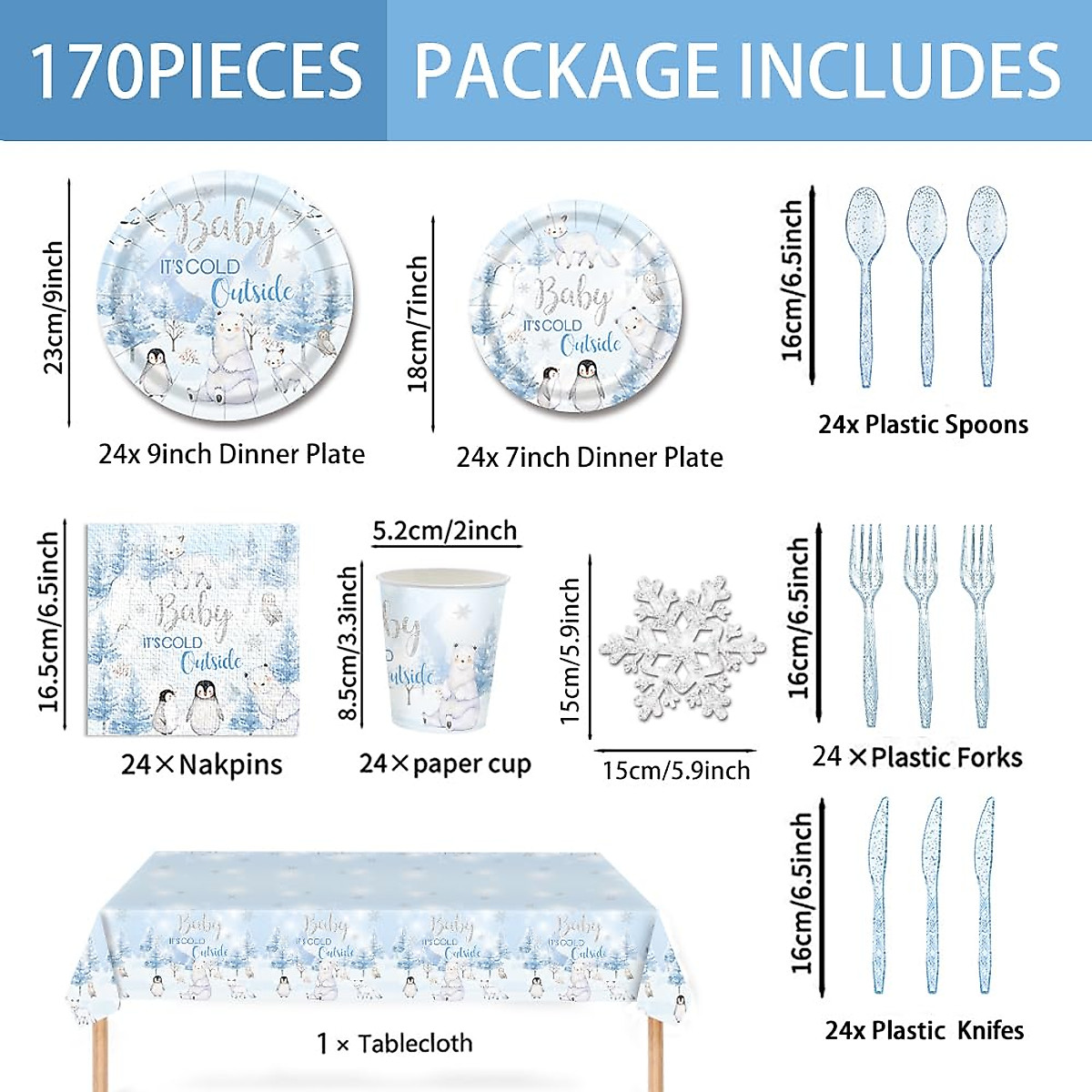 170pcs Winter Woodland Baby Shower Decorations Arctic Animals Plates Napkins Baby It's Cold Outside Snowflake Penguin Arctic Fox Tableware Set Banner Tablecloth for 24 Guests