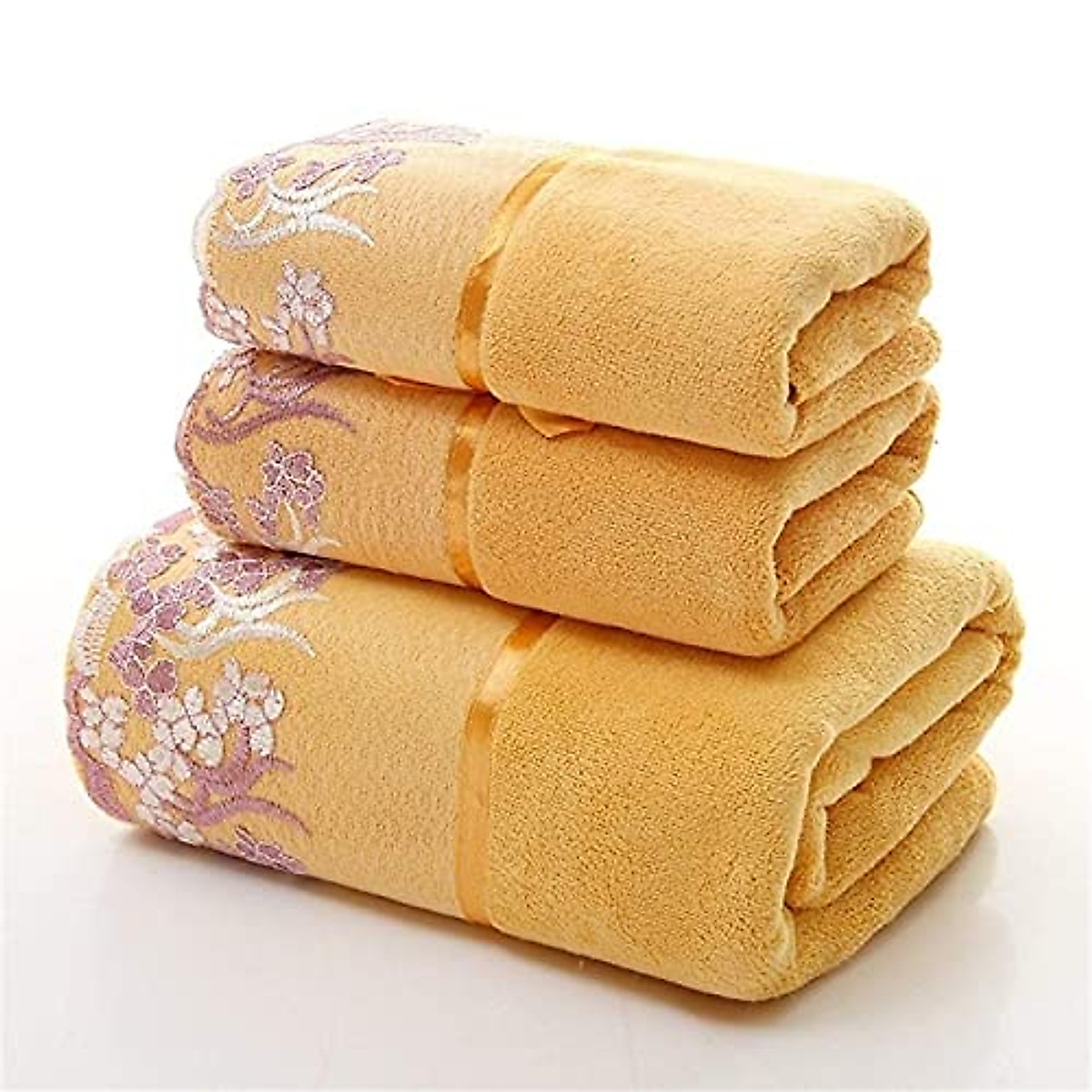 LIONKISS Bathroom Towel, lace Embroidered Bath Towel Set, Super Absorbent Fiber Bathroom Towel, Towel, high-end Gift Box 3 Pieces/Set(Yellow)