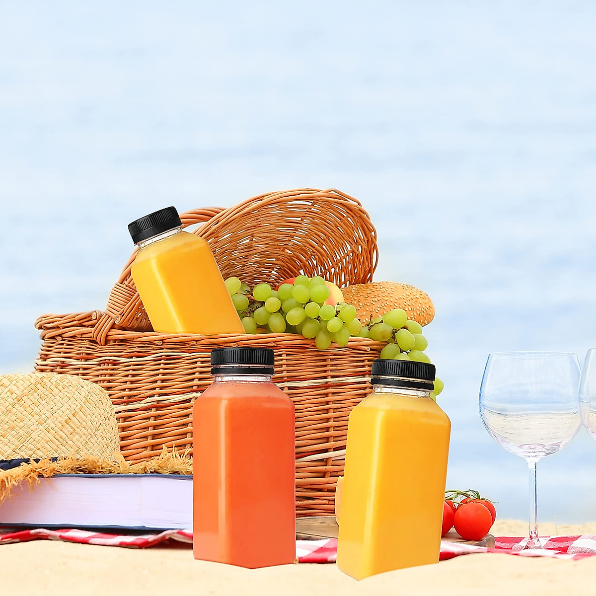 BAKHUK 36pcs 8oz Empty Plastic Juice Bottles with Lids, Reusable Clear Containers with Black Tamper Evident Caps for Juice, Milk and Other Beverages