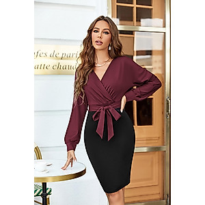 GRACE KARIN Women's Pencil Midi Dress Long Sleeve Elegant Casual Daily Knee Length Wrap Dresses Wine Red-Black L