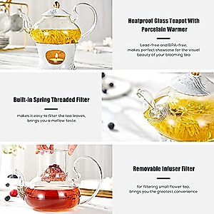 DUJUST 21 pcs Small Tea Set of 6, Gray Marble Texture with Handcraft Golden Trim, Fine Porcelain Tea pot Set for Kids&Adults, 1 Glass Teapot(22oz), 6 Cups(4oz), 6 Saucers, 6 Spoons, 1 Shelf&1 Warmer