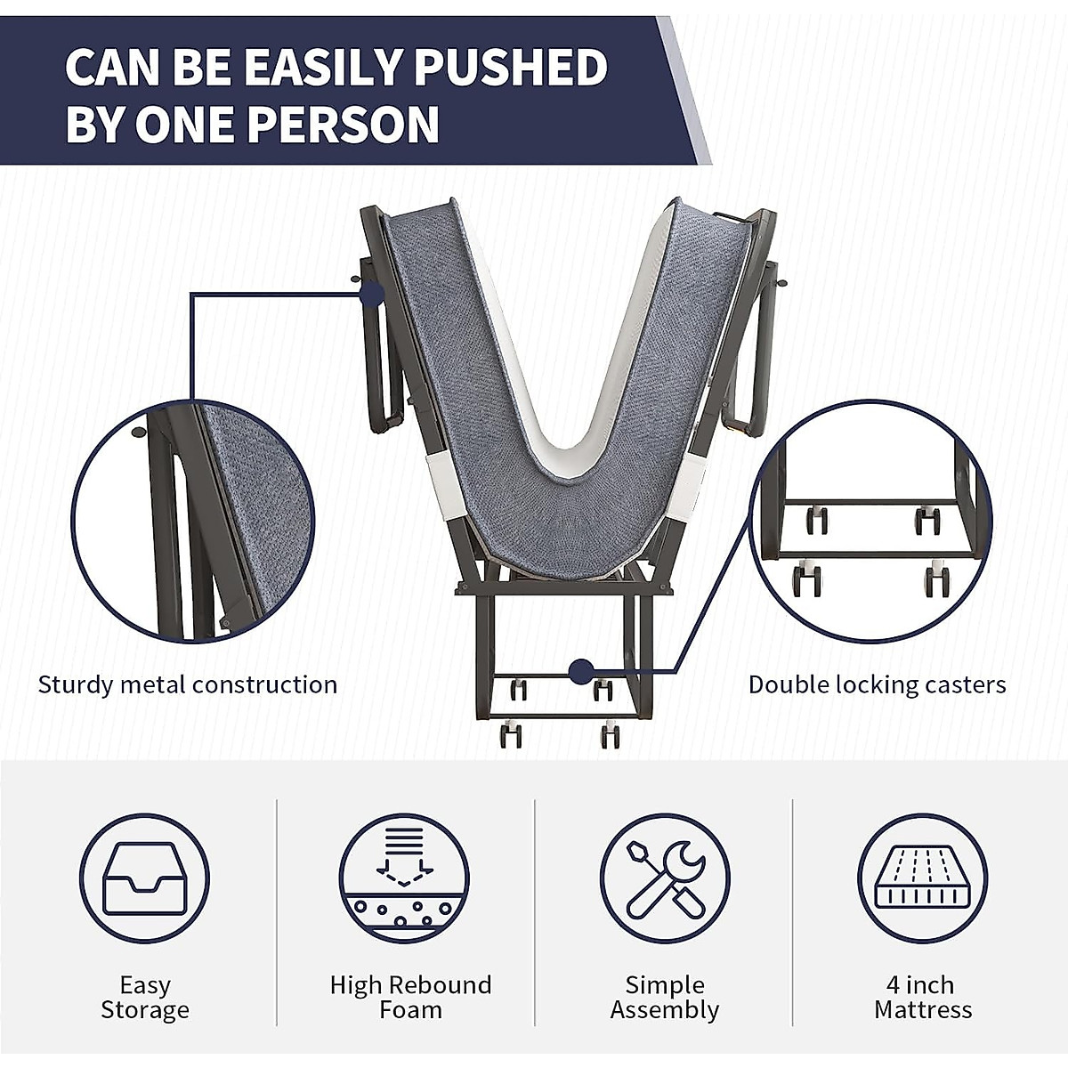 ijuicy Folding Bed with 4" Mattress, 75" x 38" Rollaway Bed with 4 Lockable Wheels & Strong Sturdy Frame, Portable Foldable Bed with Mattress for Adults, Guests