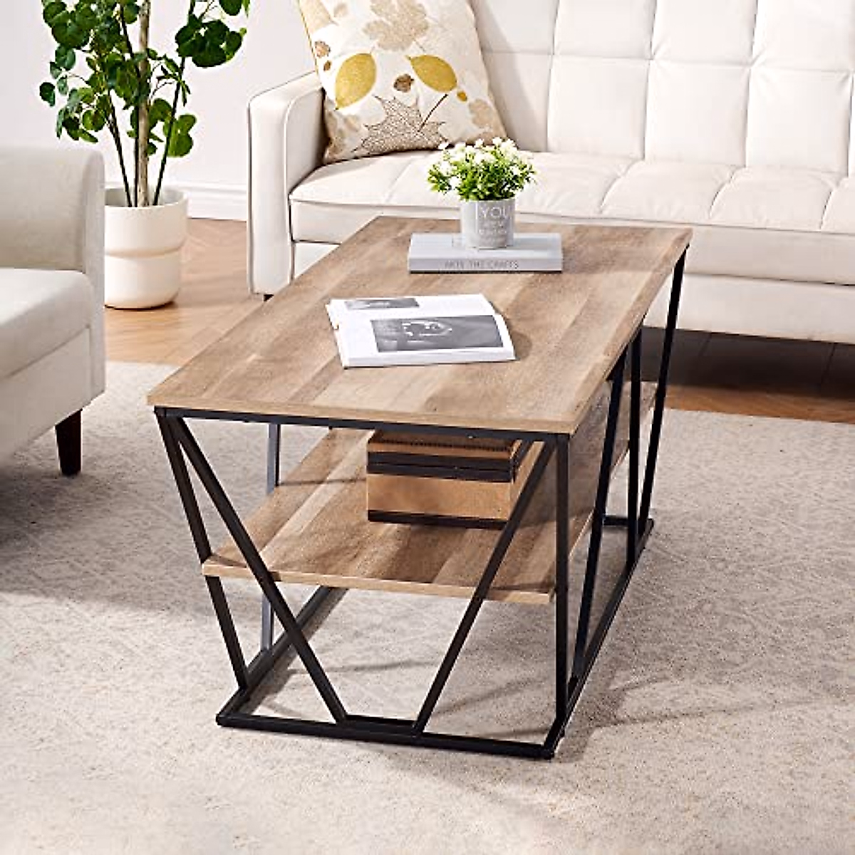 TTHAETUR Industrial Coffee Table for Living Room, 47inch Wooden Center Table with Large Storage Shelf, 2-Tier Mid Century Modern Coffee Table, Rustic Oak