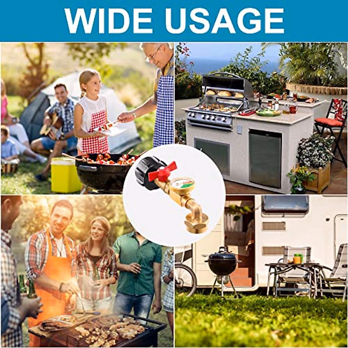 QCC1 Propane Refill Elbow Adapter with Propane Tank Gauge, 90 Degrees Propane Refill Adapter with ON-Off Control Valve, for Camping Grill 1LB Bottle Tank 20-40LBS Cylinder