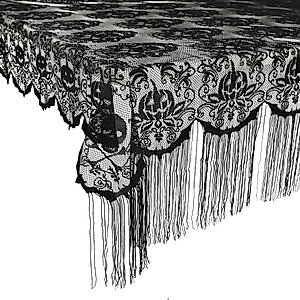 Simplebrand Black Lace Halloween Tablecloth Runner 52 x 52Inch, Rectangular Skull Lace Tablecloth with Tassel for Halloween Party, Pumpkin Table Cover Halloween Table Decorations