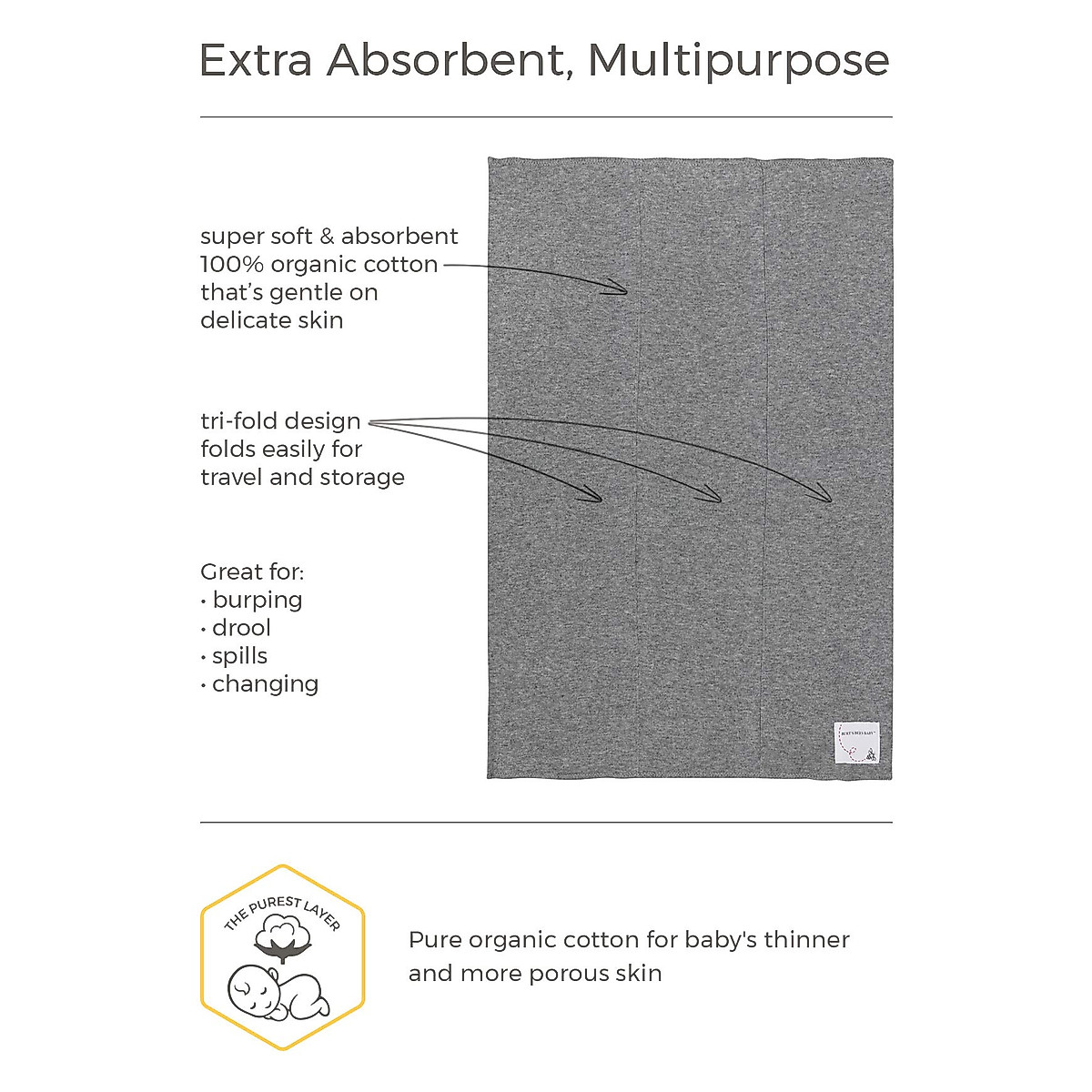 Burts Bees Baby Infant Burp Cloths, 100% Organic Cotton Extra Absorbent Soft Fabric Drool Cloths, 5-Pack Newborn Must-Have Essential Large Burping Cloths, One Size 17 x 11.75 Inches