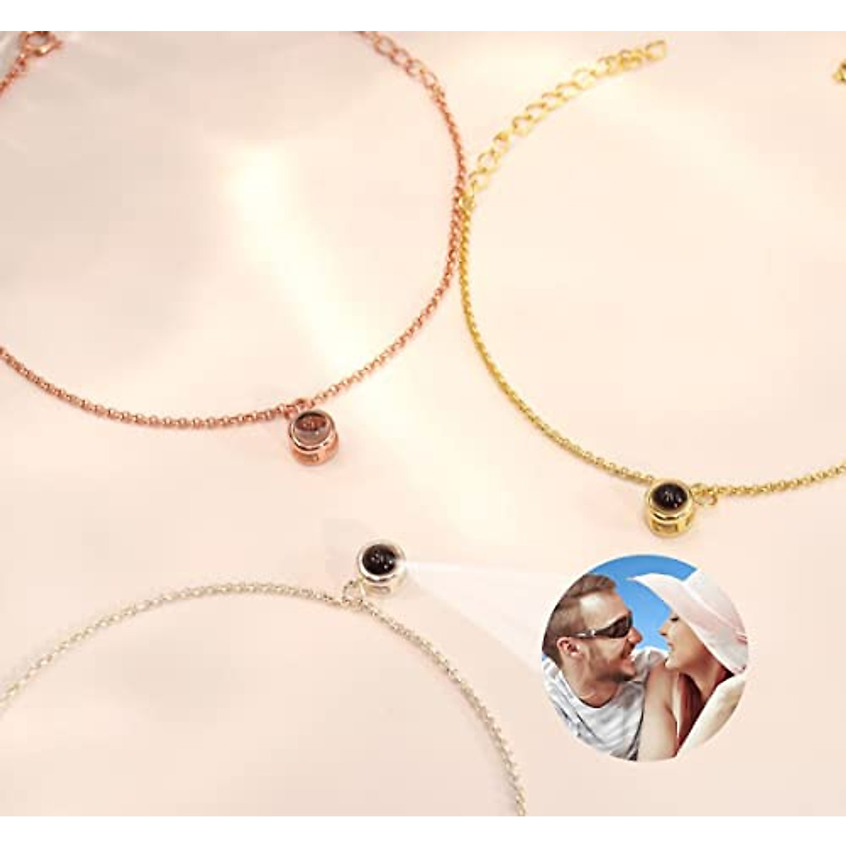 Kislumi Custom Bracelets with Picture Inside, Dainty Bracelet for Women, Customized Projection Bracelets with Photos, Picture Bracelet Personalized Photo, Memorial Gifts for Women/Family/Dog, Silver, Gold, Rose Gold