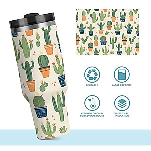 linqin Gigantic Cacti Mint Cream Vacuum Tumbler Insulated with Straw Leak Resistant Flip 40 oz Kids Water Bottle Wide Mouth To Go Coffee Mug for Hiking, Sports, Camp