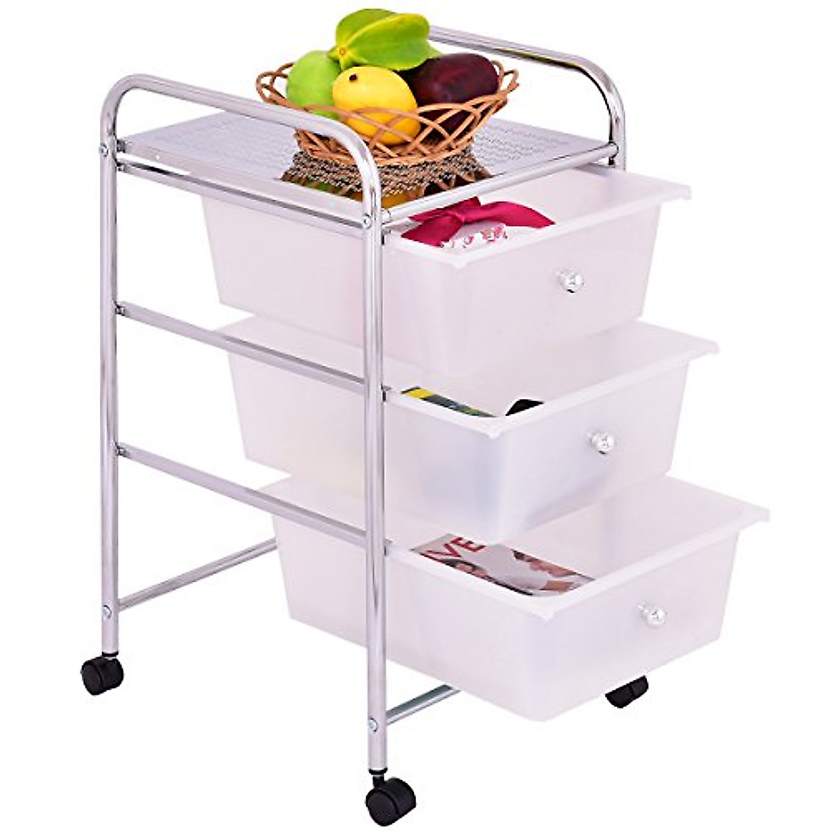 GOFLAME 3-Drawer Storage Cart, Rolling Storage Drawer Organizer with Mesh Top, Handle and 2 Lockable Wheels, Mobile Drawer Storage Unit for Home and Office