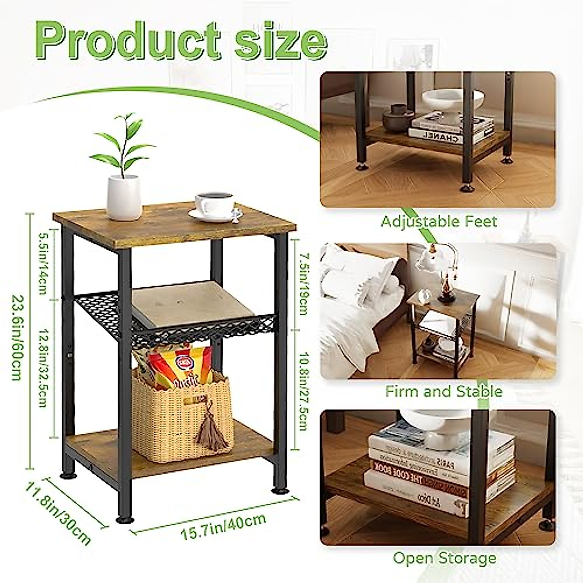 iDavosic.ly 3 Tier Small Side Table, Modern End Table Living Room, Industrial Wood Metal Bedside Table, Nightstand with Adjustable Shelf for Bedroom, Office, Kitchen, Rustic Brown and Black