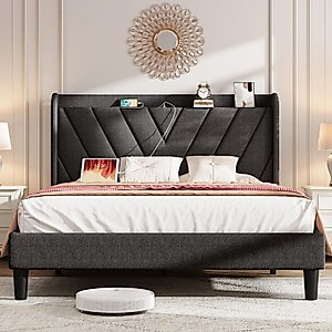 koorlian Queen Bed Frame, Linen Adjustable Upholstered Platform Bed Frame with Type-C&USB Port, Wingback Storage Headboard, Solid Wood Slats Support, No Box Spring Needed, Noise-Free, Dark Blue