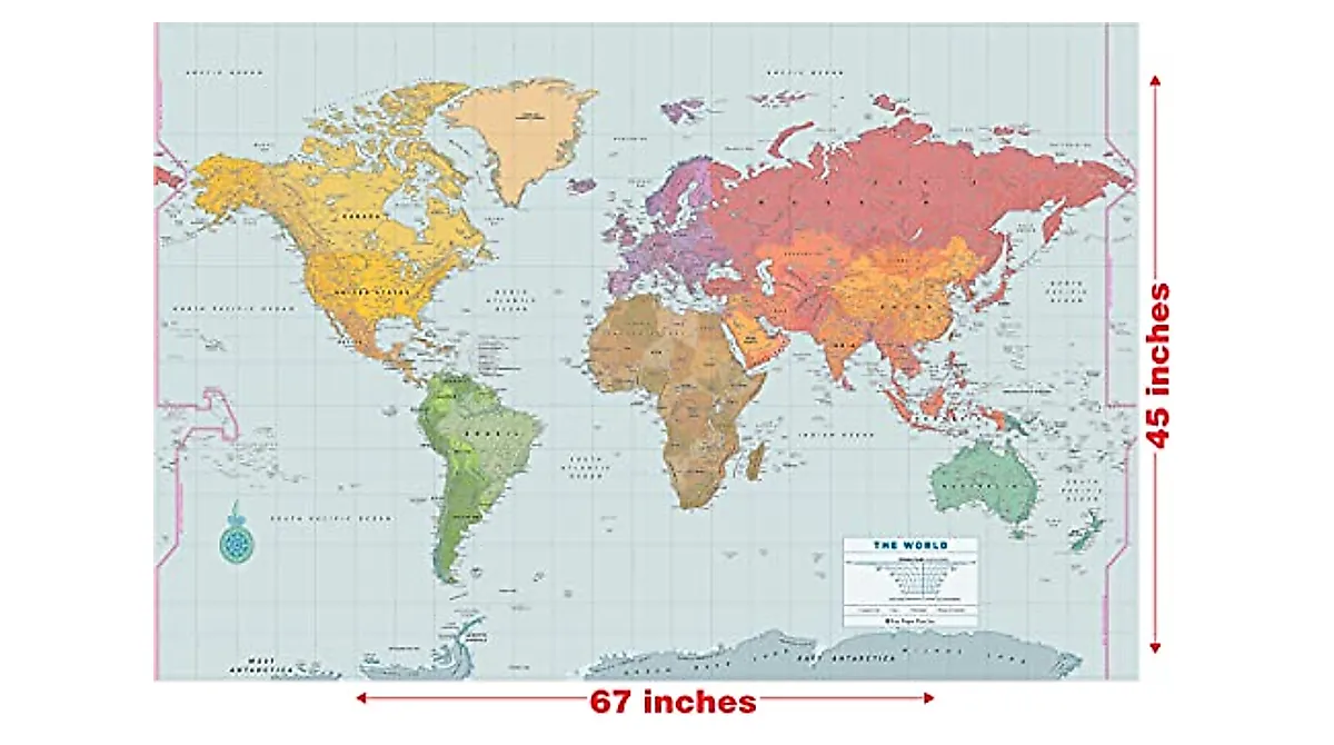 Extra-large Laminated World Wall Map - 67'' x 45''
