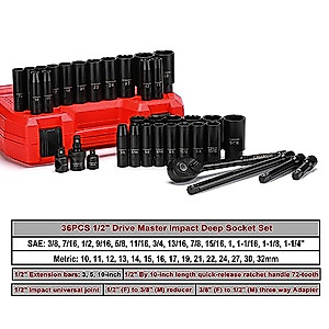 CASOMAN 1/2" Drive Master Impact Socket Set, 36 Piece Deep, Standard SAE (3/8" To 1-1/4") & Metric (10-32 mm) Sizes, Includes Extension Bar (3, 5, 10-inch), Adapters & Ratchet Handle, CR-V Steel