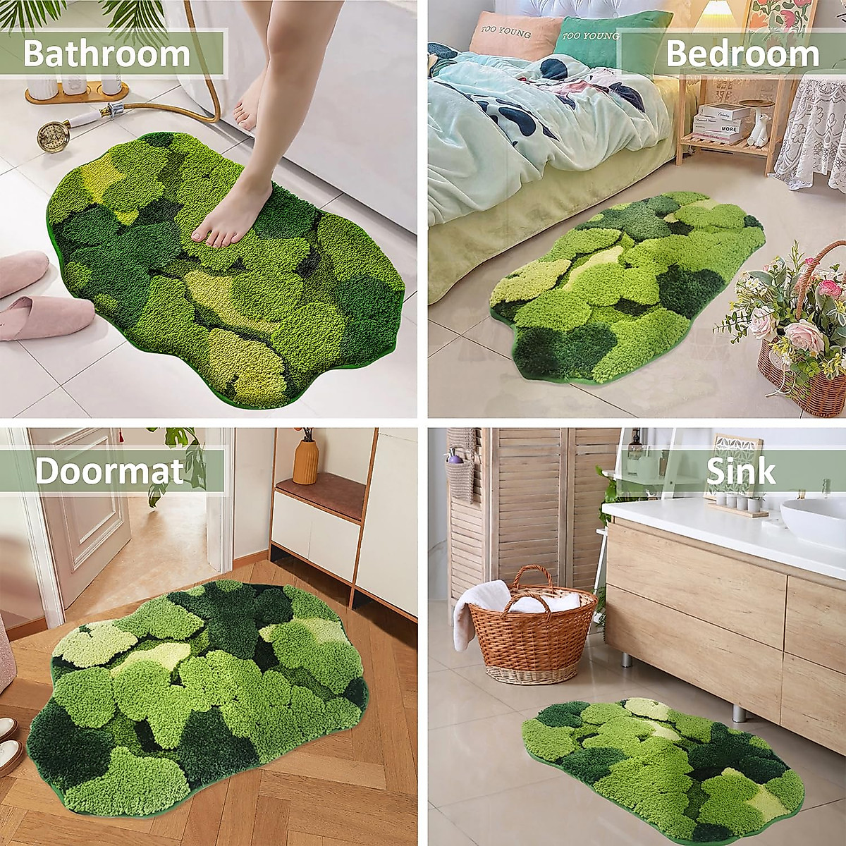 Hifuwan Cute Green Moss Shag Bathroom Rugs Leaf Bath Mats for Bathroom Decor Aesthetic Leaves Soft Non Slip Washable Aabsorbent Floor Carpet Boho Indoor Shower Mat Doormat