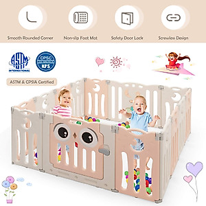 Costzon Foldable Baby Playpen Baby Fence with Lock Door, Rubber Pads & Anti-Slip Rubber Bases, Indoor Outdoor Safety with Adjustable Shape for Toddlers (14-Panel, Pink)