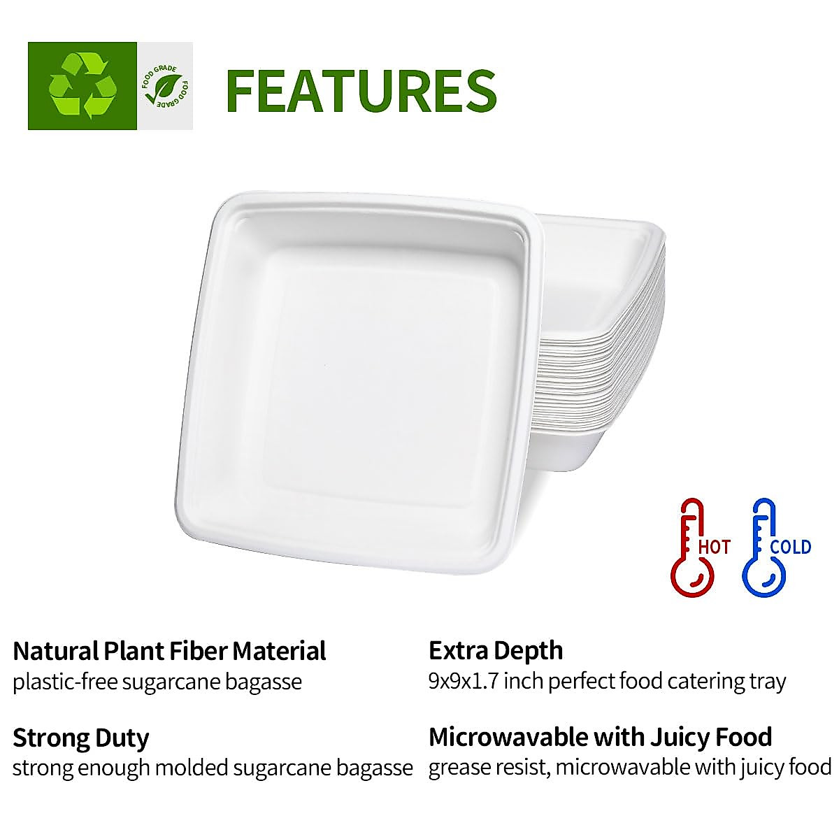 AICHEF 50 Pack 42 oz Compostable Deep Dish Plates, Extra Large Deep Square Disposable Food Trays for Seafood BBQ Large Salad - 9x9x1.7 inch