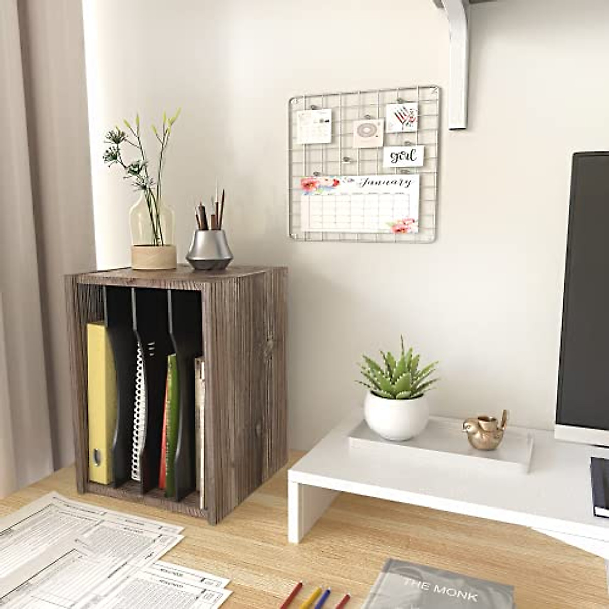 J JACKCUBE DESIGN Rustic Wood Desk Organizer 4 Compartment Paper File Holder for Home and Office, Document Storage, File sorter, Mail and Letter Tray- MK560A