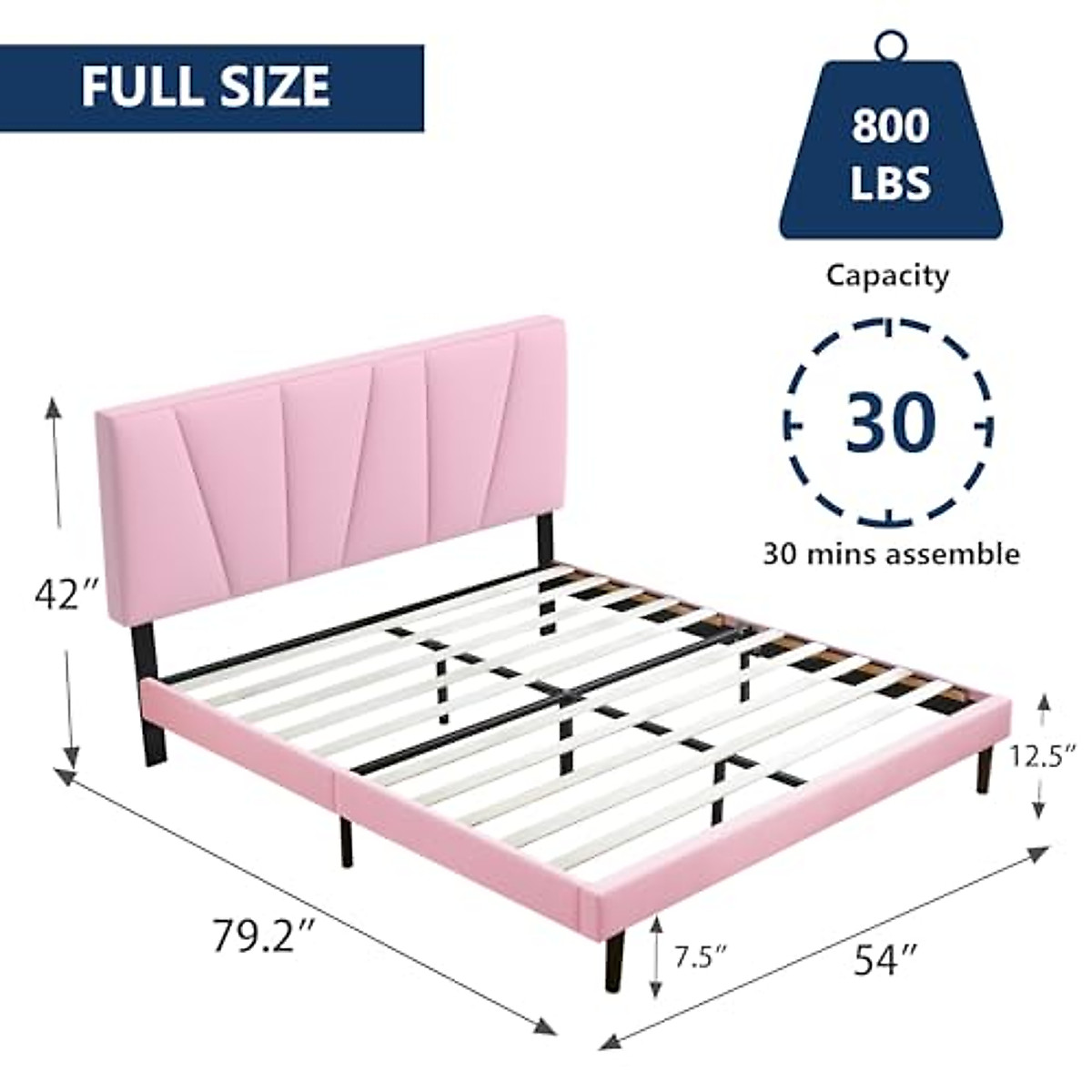 Molblly Full Bed Frame Upholstered Flannel Platform, Headboard and Sturdy Wood Strip, Strong Weight Capability, Non-Slip and Noise Free, No Box Spring Required, Easy to Assemble, Pink Full Bed