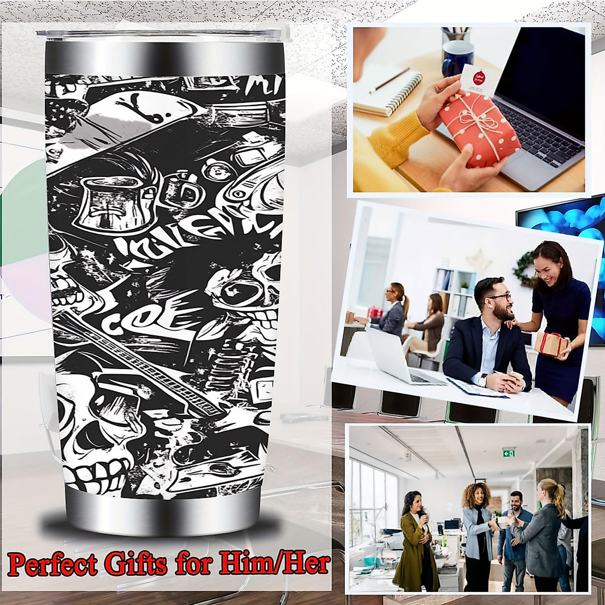 FOCIUZTA 20oz Tumbler with lid, Insulated Cup, Travel Coffee Mug, Ideal for Easter, Gaming Enthusiast, Mother’s Day, Birthday Gifts, Punk Rock Skull Design