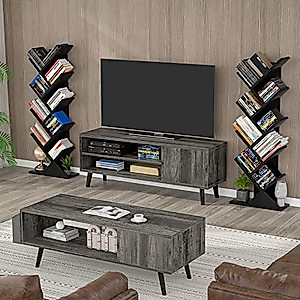 Topfurny Tree Bookshelf, 9-Tier Shelf Rustic Brown Bookcase, Retro Wood Storage Rack for CDs/Movies/Books, Anti-Fall Utility Organizer Shelves for Living Room, Bedroom, Home Office, Black