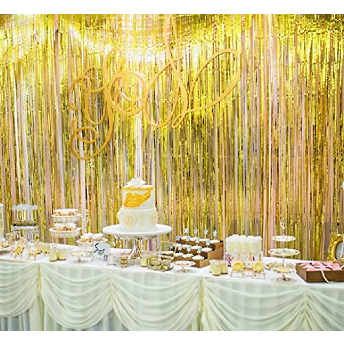 Tayuvira Gold Metallic Tinsel Foil Fringe Curtain, 3 Pcs 3.3ft x6.6ft Photo Booth Backdrop Streamer Curtains&Photo Booth Props, Party Decorations for Bachelorette Graduation Wedding Birthday (Gold)