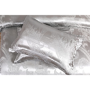 Dencalleus Bedding Satin Jacquard Comforters Covers Sets (NO Comforter) 3 Piece Floral Silk Like Luxury Duvet Cover Set Ultra Soft King Size Zipper Closure and 2 Pillow Shams Silver Grey