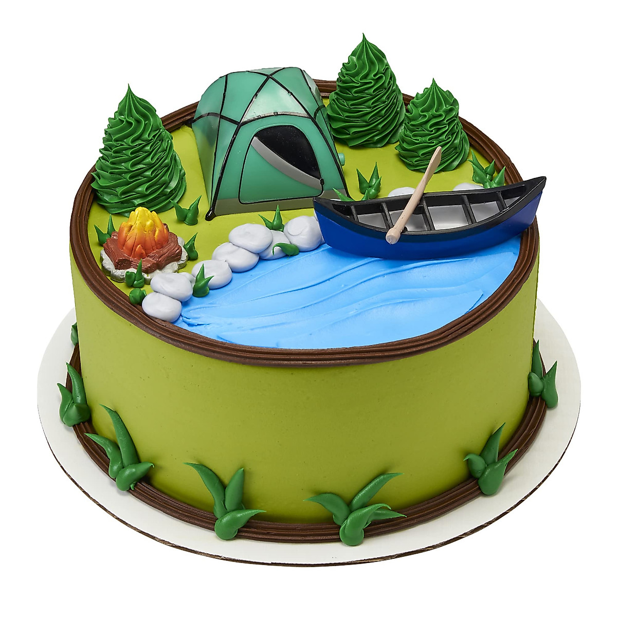 Decopac Fireside Camp DecoSet Cake Decoration Multi, Tent: 3"L x 2.6"W x 1.9"H; Canoe with Oar: 3.5"L x 1.65"W x 1.2"H; Campfire: 1.4"D x 1.2"H