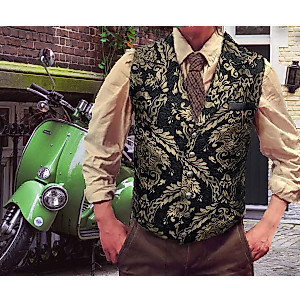 Mens Steampunk Vest Gothic Corset Waistcoat Victorian Masquerade Outfit Dress Jacquard Goth Suit Costume(Black,Large)