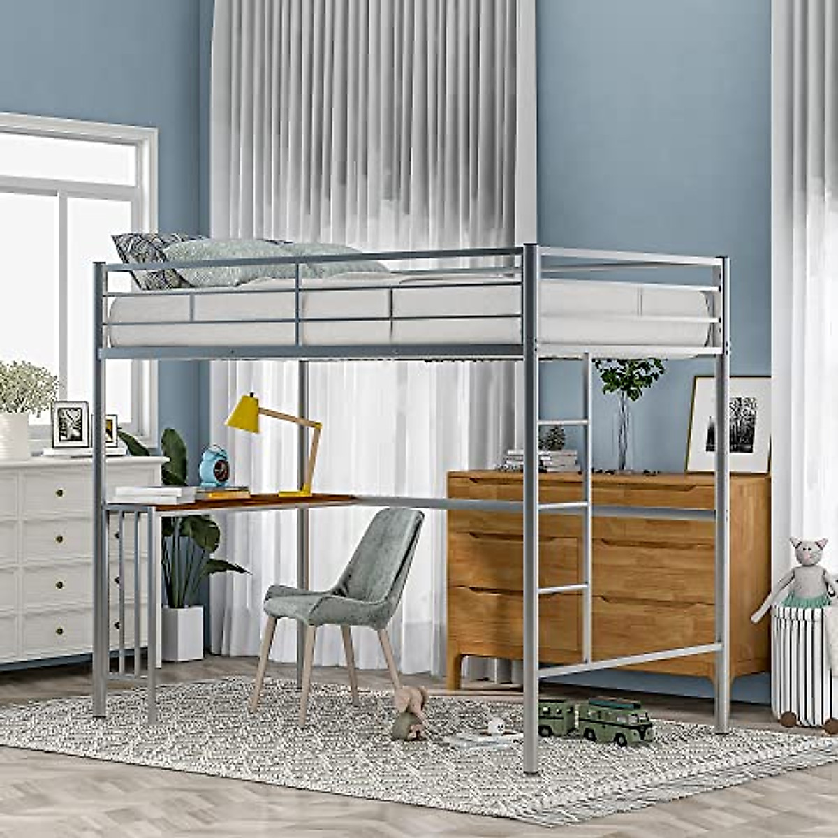 Woanke Metal Twin Bunk Bed, Twin Size Bedframe with Desk, Ladder and Full-Length Guardrail for Kids Teens Adults, Space Saving Design, Silver